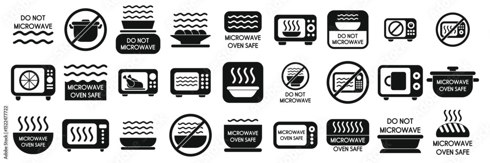 Microwave safe icons set. Black and white microwave oven safe and not ...
