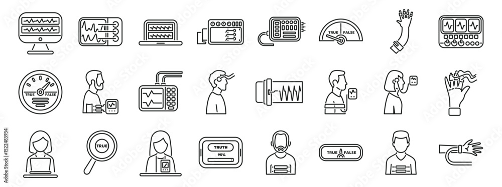 Lie detector test icons set. Polygraph, lie detector, biofeedback ...