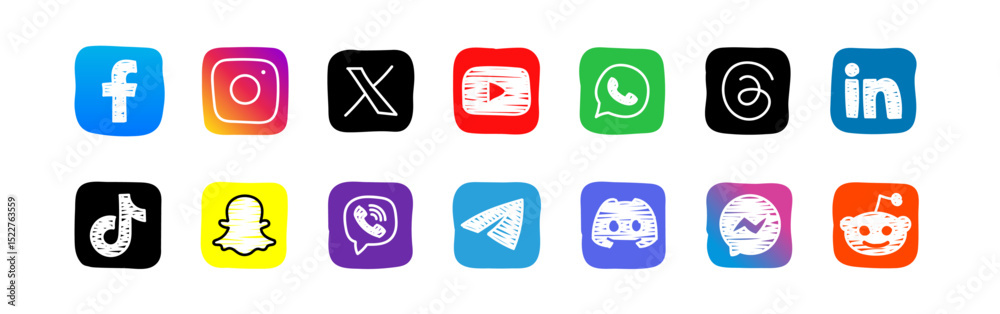 Doodle Social Media Logos in color. Hand drawn Instagram, Facebook ...