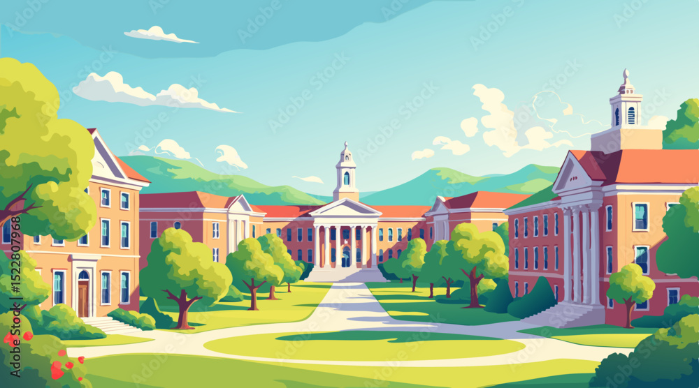 Vector campus scene background in soft pastel colors, iconic college ...