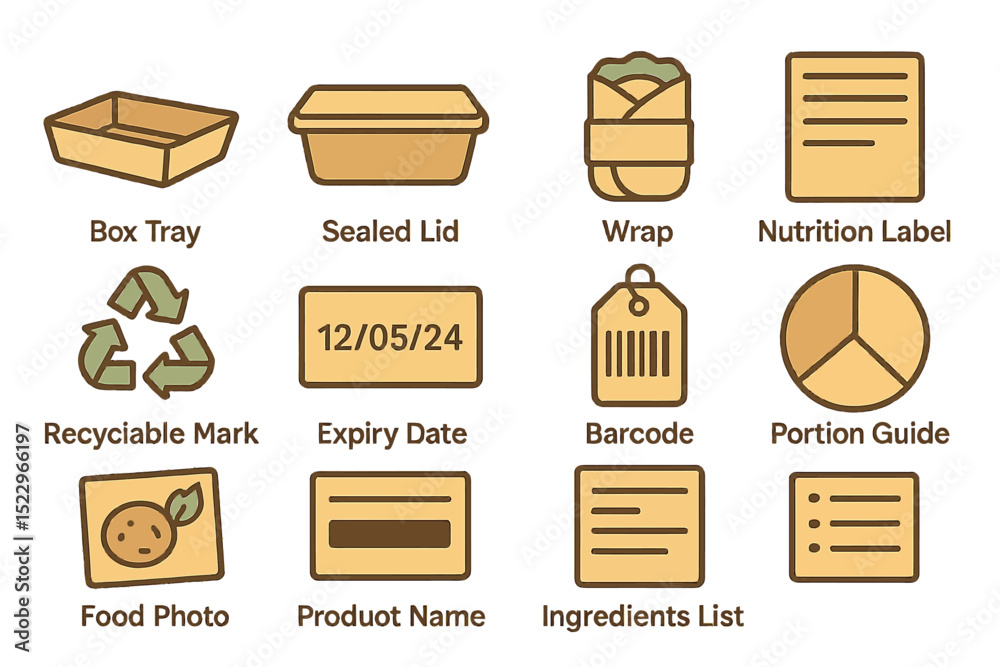 Packaging symbols and labels: tray, lid, wrap, nutrition, recycle ...