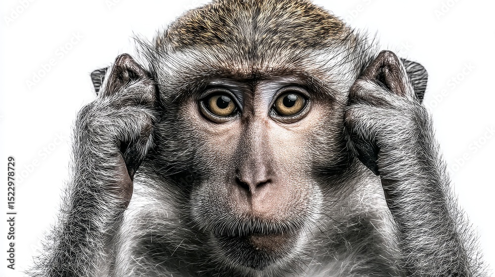 Monkey covering ears to illustrate see no evil concept in isolated ...