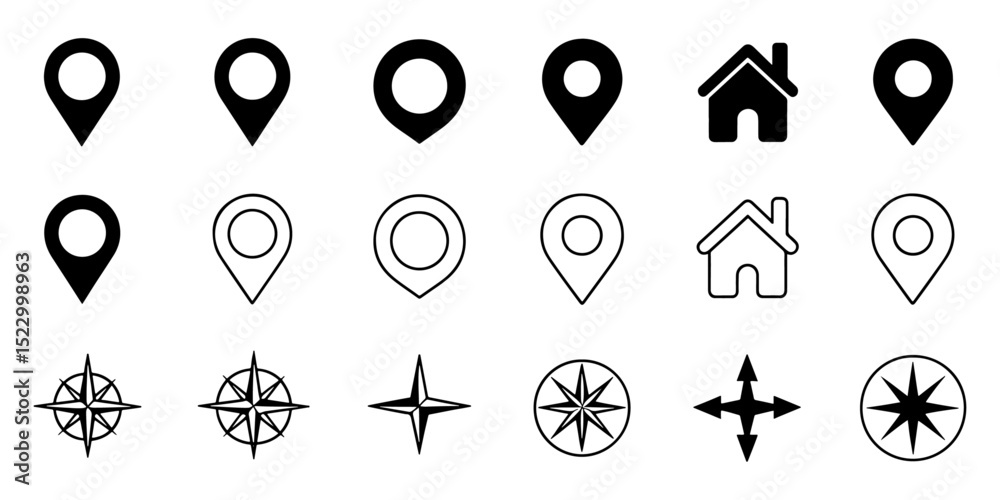 Location Icons Map Markers, Compass Roses, and Home Symbols – Free ...