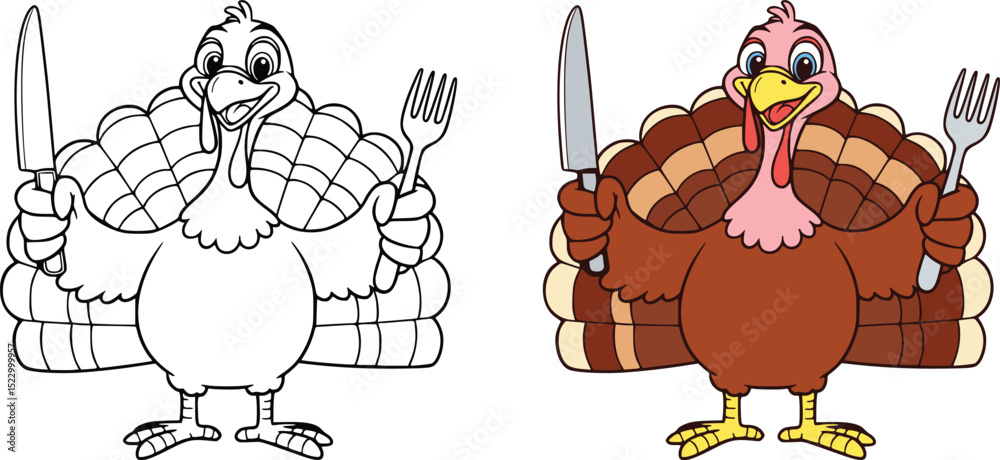 Two cheerful cartoon turkeys holding knife and fork with happy ...