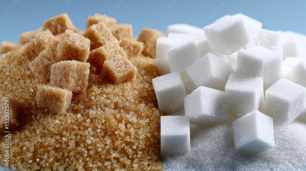 Brown sugar crystals and white sugar cubes are placed side by side ...