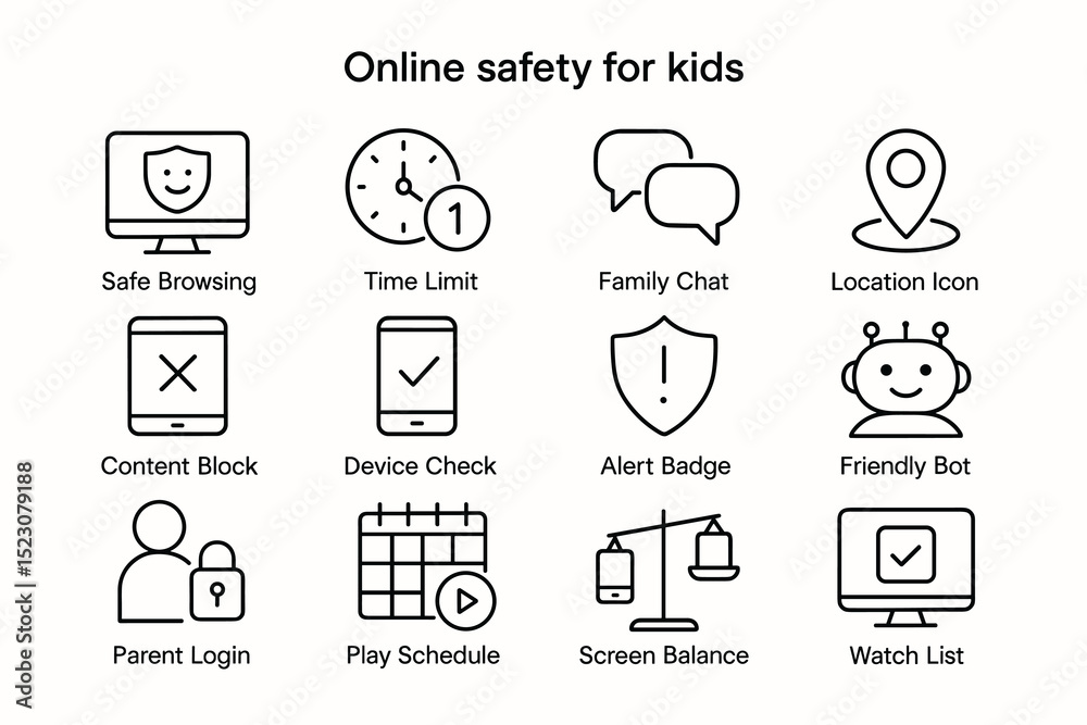 Online safety icons for kids: safe browsing, time limits, family chat ...