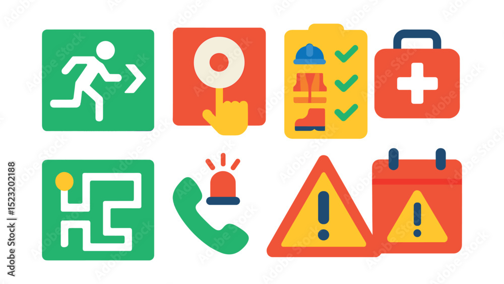 Flat vector icons of emergency and safety decisions: emergency exit ...