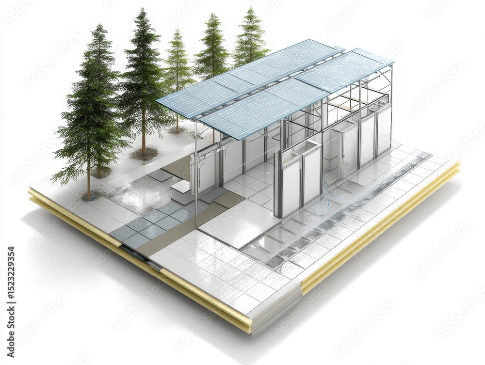 Technical schematic of a solar-powered emergency shelter in a forest ...