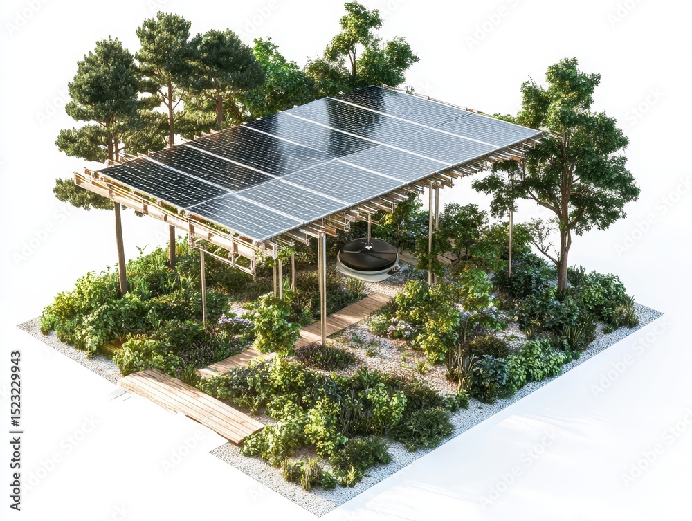 Technical schematic of a solar canopy in a forest clearing in exploded view showing root-safe ...