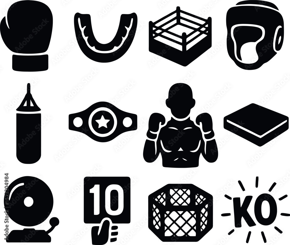 combat sports icon pack. bold symbols of boxing, gloves, ring, KO ...