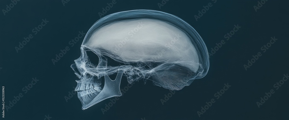 Translucent x-ray image of human skull. Side view shows bony structure ...