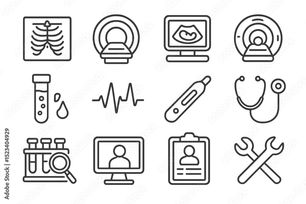 Medical equipment icons: mri, x-ray, ultrasound, stethoscope ...