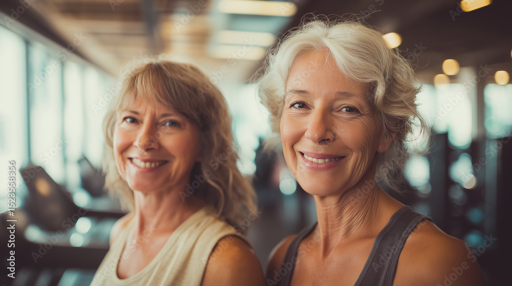 Happy senior women smiling together at a modern gym, showing strength ...
