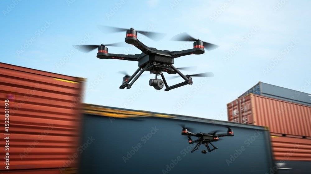 Military combat drones fly out of cargo containers in an industrial ...
