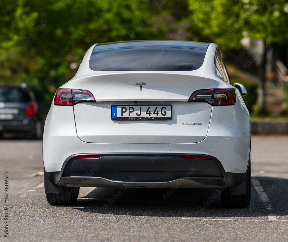 Gothenburg, Sweden - May 10 2025: Rear view of white Tesla Model Y ...