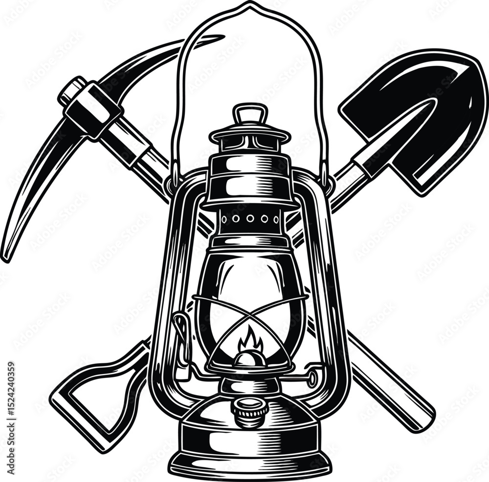 Vintage black and white illustration featuring miner's lantern pickaxe ...