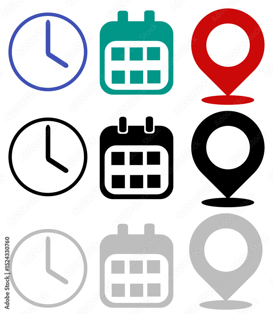 Ilustración de Stock Time, Date, Location Icons – Flat Outline UI ...
