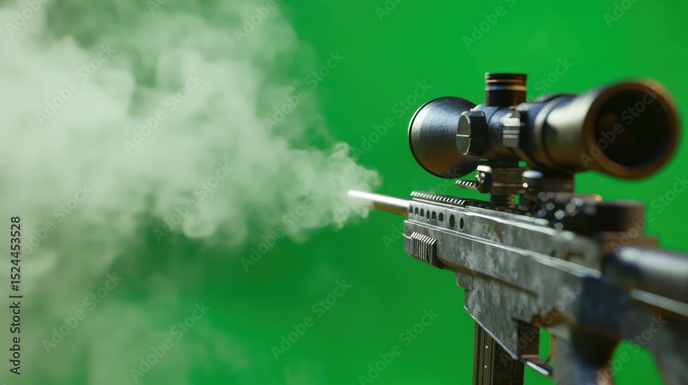 Sniper rifle firing with smoke against a vibrant green screen ...