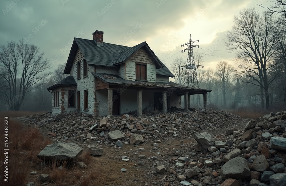 Foto de Stock Destroyed house amid rubble. Ruined building after ...