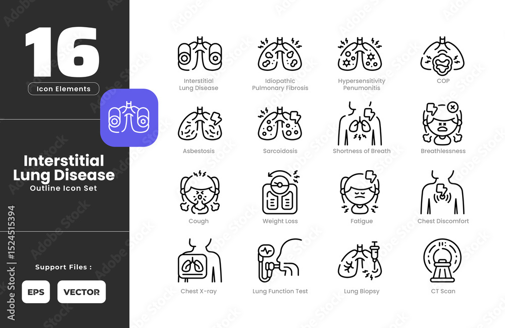 Praca wektorowa bez tantiem: Interstitial Lung Disease ILD Symptoms Icon Set Collection -Outline ...
