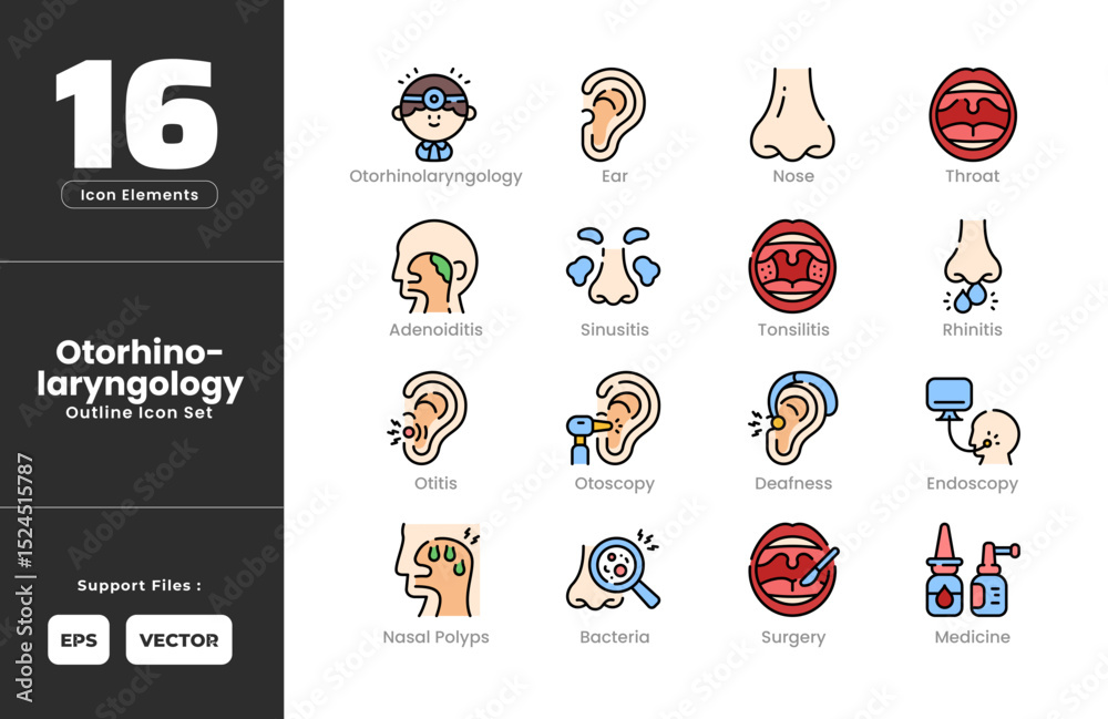 Otorhinolarynology Symptoms Icon Set Collection - Outline Line Art ...