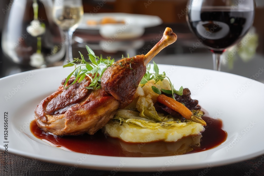 Gourmet dish duck confit with mashed potatoes cabbage steak vegetables ...