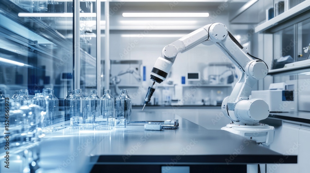 Industrial robotics lab with mechanical arms and automated conveyors ...