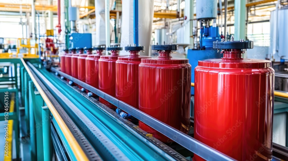 Paint production facility with mixing vats, color dispensers, and ...