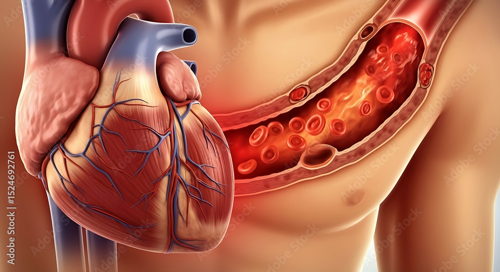 human heart, blocked artery, medical illustration, red blood cells ...