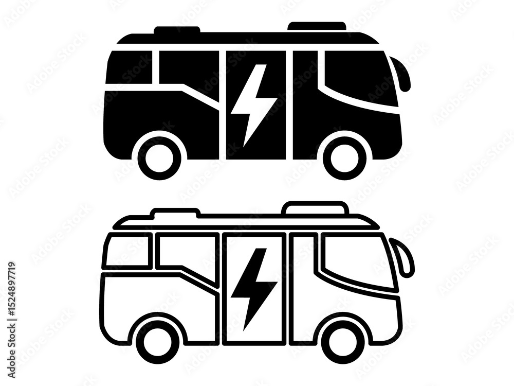Electric Bus Icons Black and White Vector Illustrations of a Modern ...