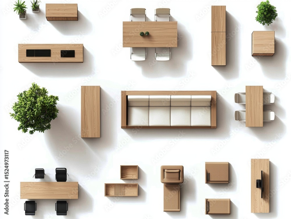 Collection of office furniture elements from a top view perspective ...