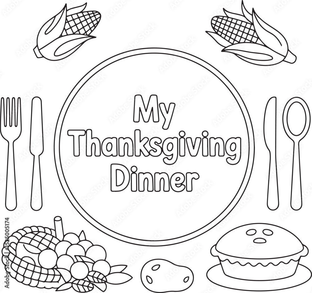 Stockvektorbilden Thanksgiving Dinner Coloring Page with Turkey Pie ...
