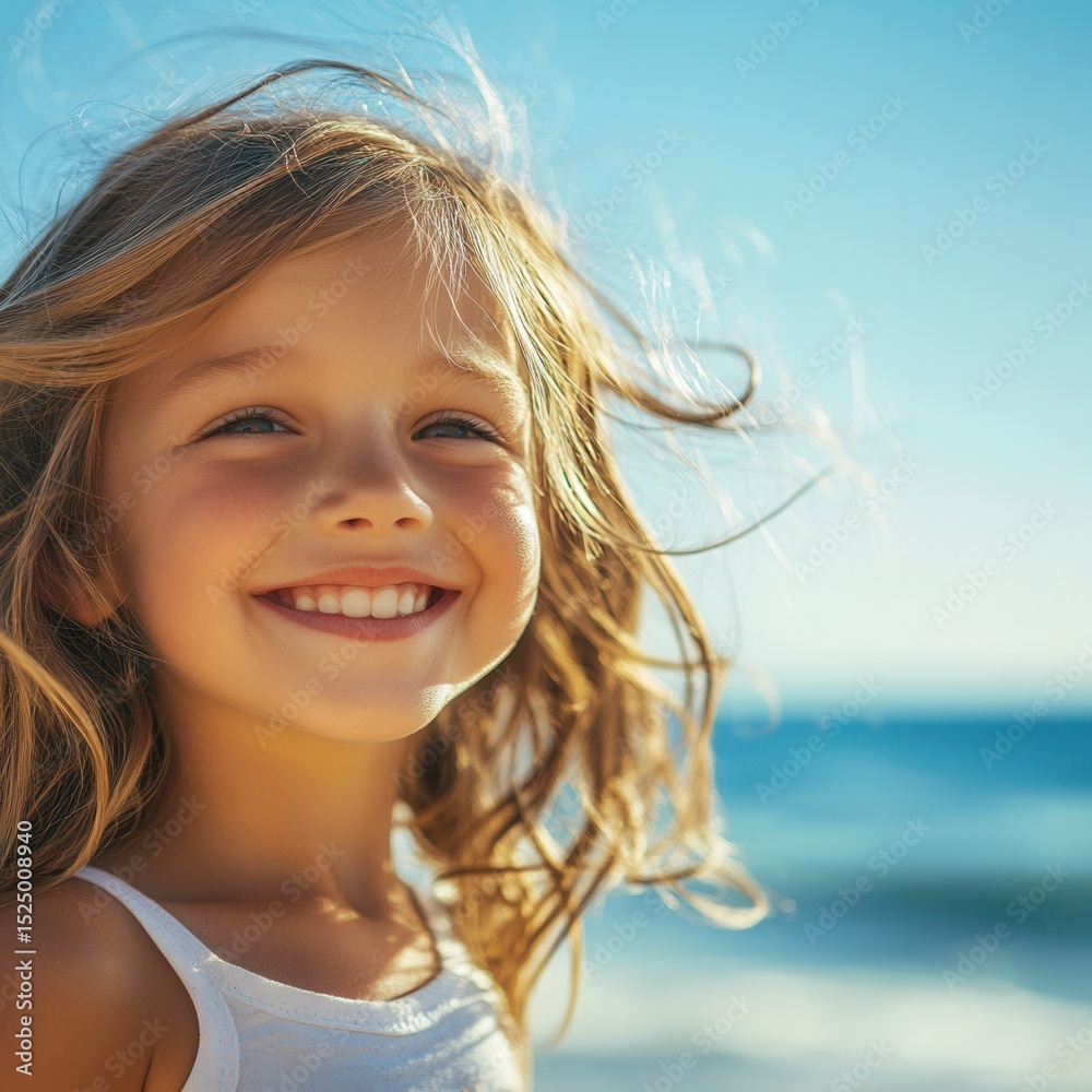 smiling Australian child playing near ocean, sunny summer day, wind in ...