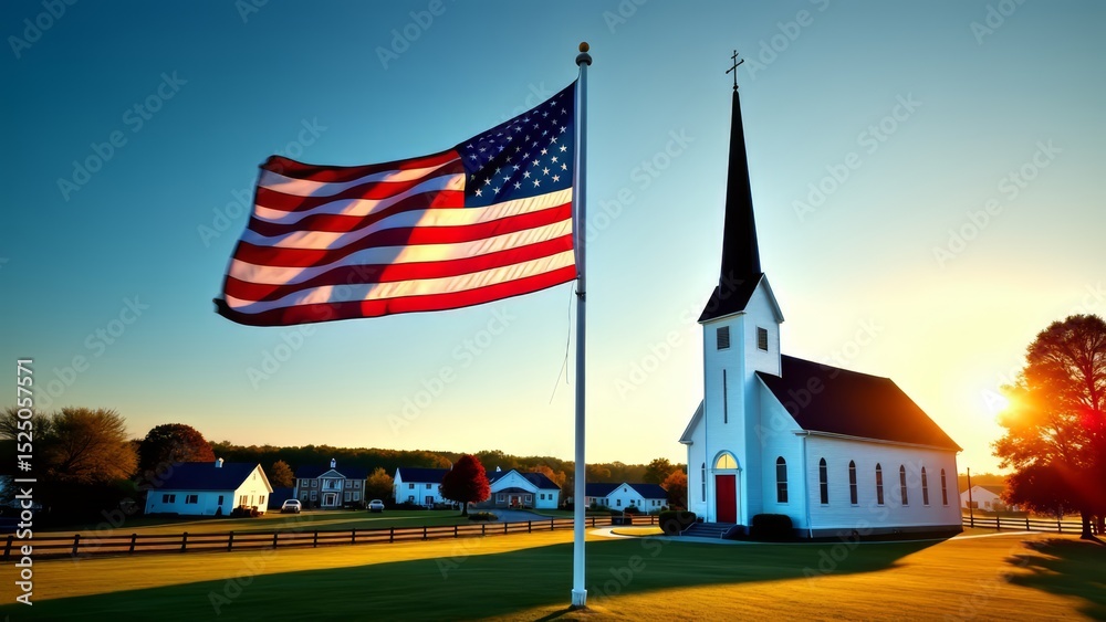 American flag waving over church at sunrise Stock Illustration | Adobe ...