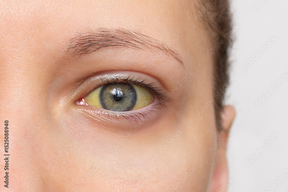 Yellow eye of a young woman close-up. Symptom of jaundice, hepatitis ...
