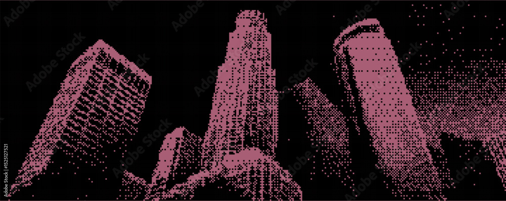 Tall skyscrapers rise prominently against a dark sky, bathed in pink ...