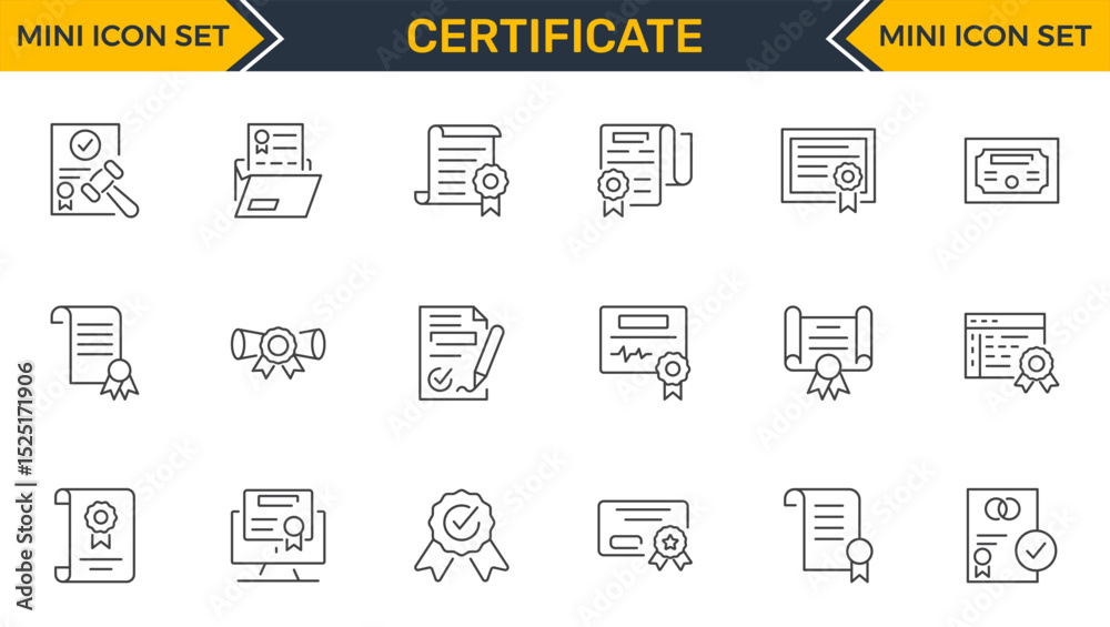 Set of outline icons related to certificate. Linear icon collection ...