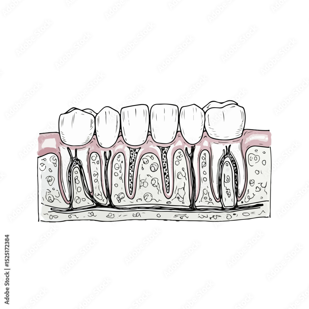 Detailed dental anatomy illustration showing teeth roots and gum tissue ...