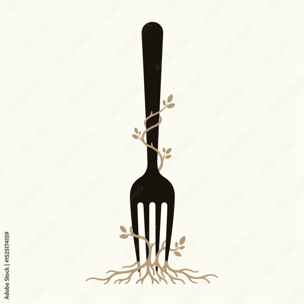 Fork with plant growing from it. A simple illustration shows a black ...