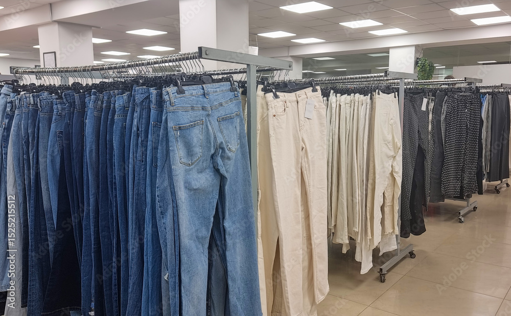 Assorted pants and jeans on hangers in second-hand clothing store ...