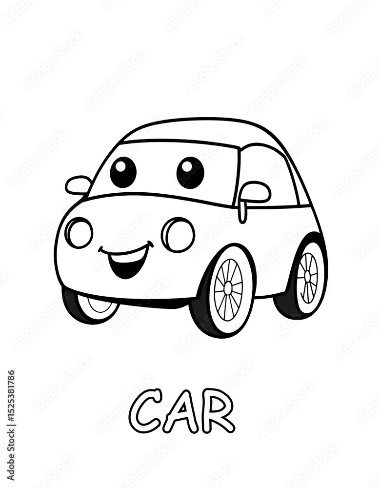 Cheerful compact car coloring page: big eyes headlights and smiling ...
