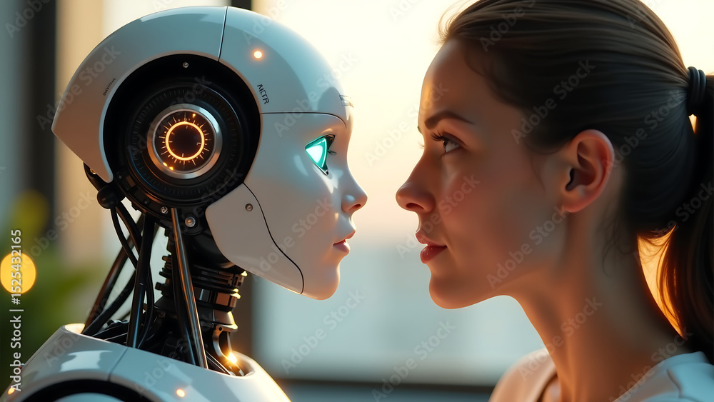 humanoid robot agentic eye gazes woman eye pupils locked moment mutual understanding set warm ...