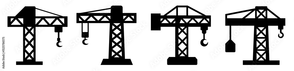 Four black construction cranes in silhouette against a white background ...