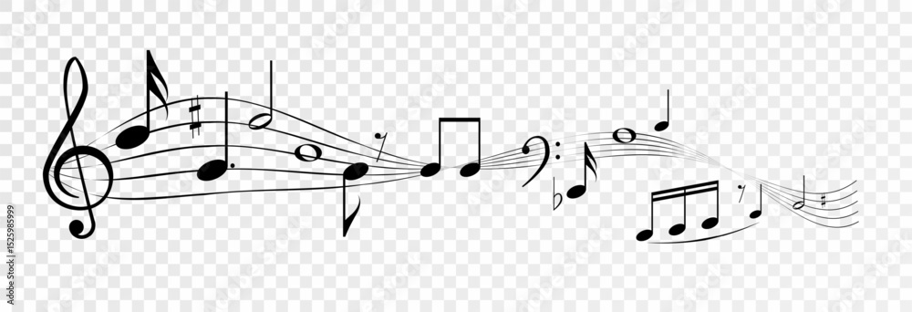 Musical notes, stave with flying notes, melody sketch with musical ...