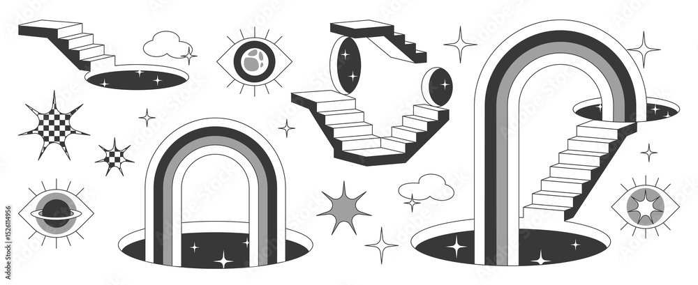 Surreal portal designs with stairs - mystical door arches, black holes ...