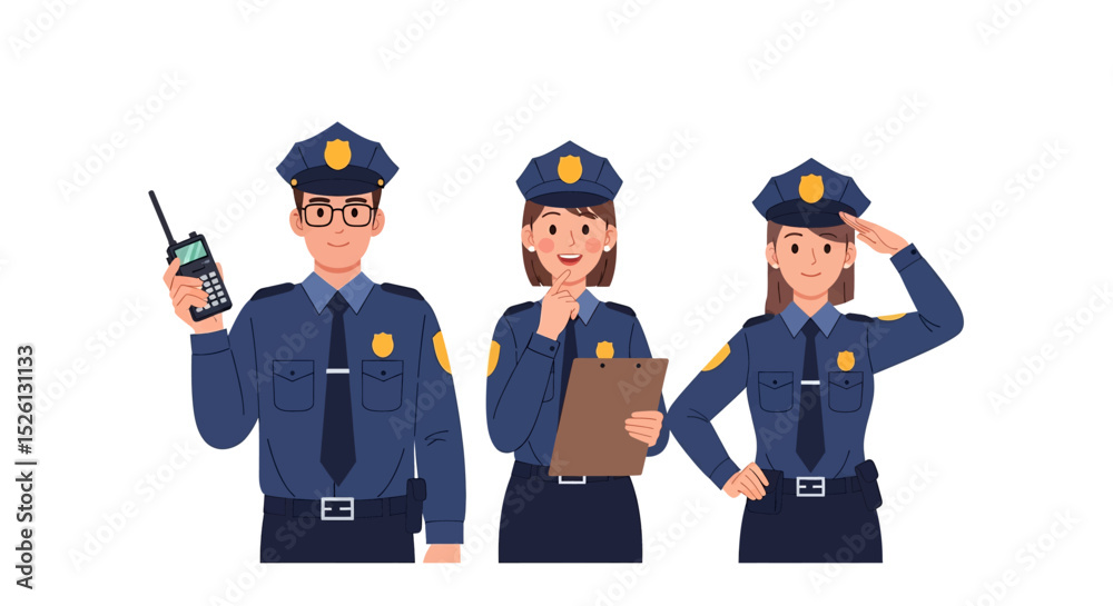 Flat vector illustration of a diverse police officer team with various ...