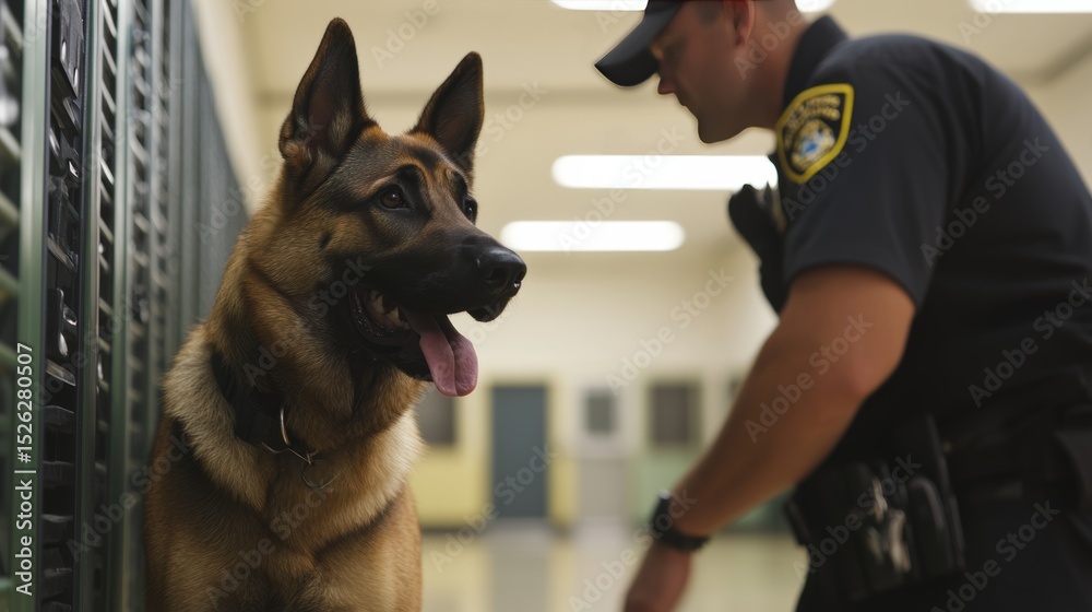 Canine drug inspection at school lockers, law enforcement officer ...