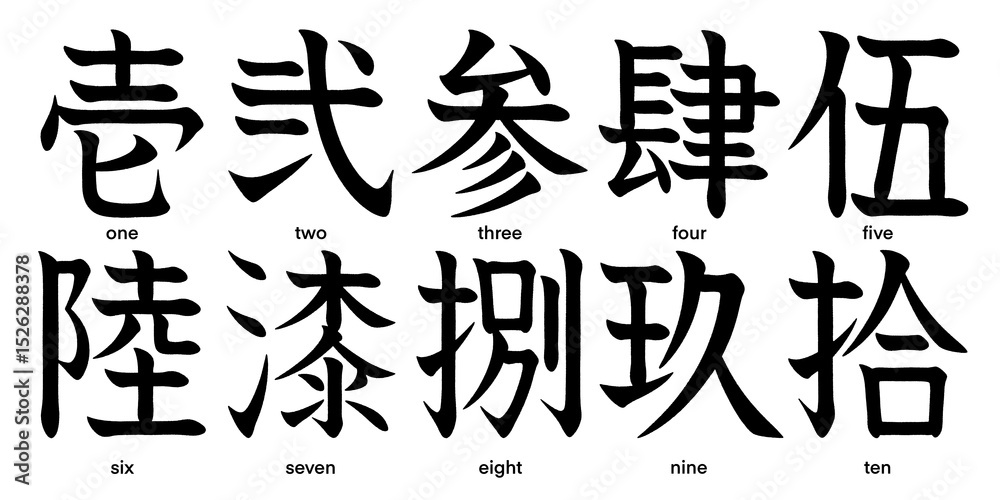 Japanese kanji characters for the numbers 1 to 10 isolated on ...