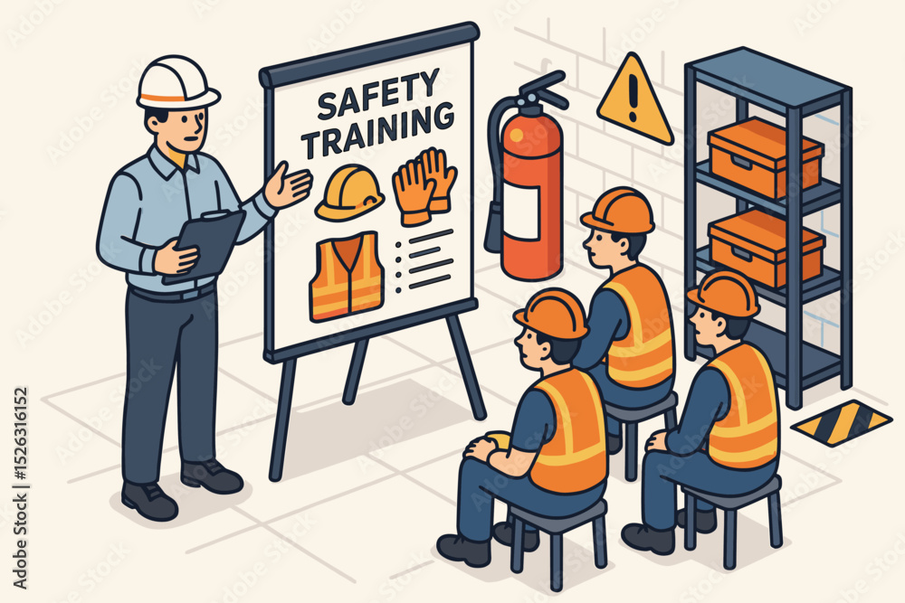 Workplace safety training vector illustration. Instructor teaches ...