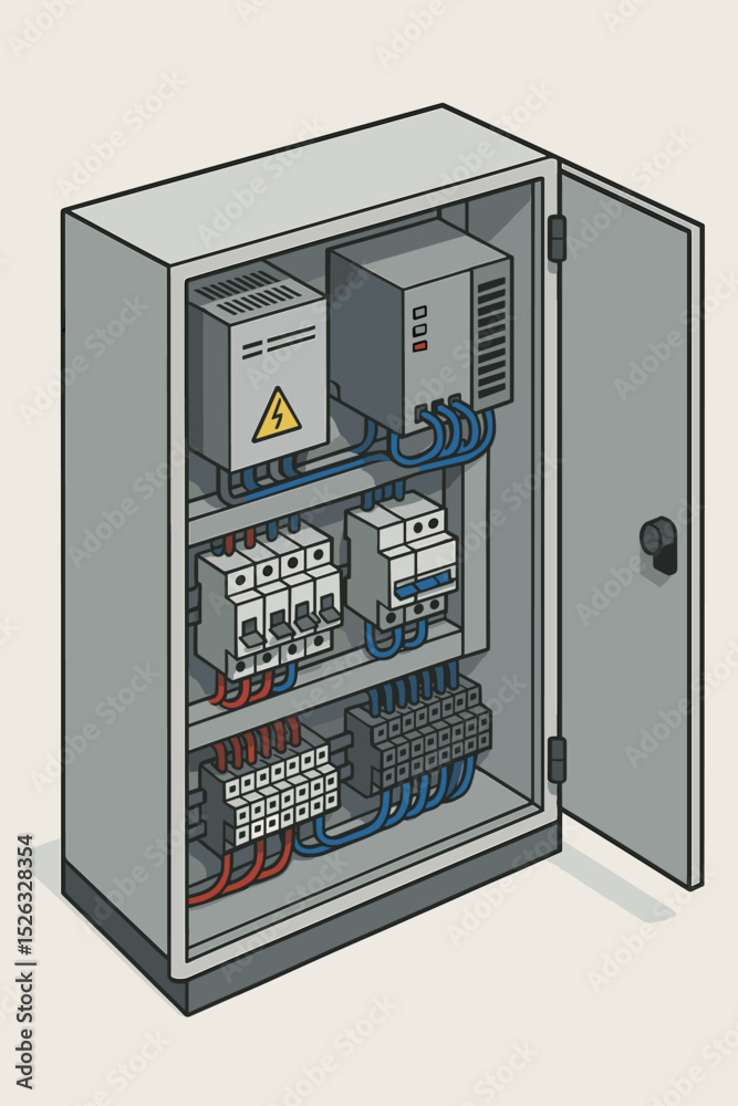 Electrical control cabinet isometric illustration. Open industrial ...